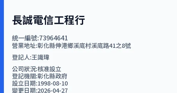 長誠電信工程行的照片-統編 73964641(彰化縣) 公司登記資料與營業項目詳細圖表