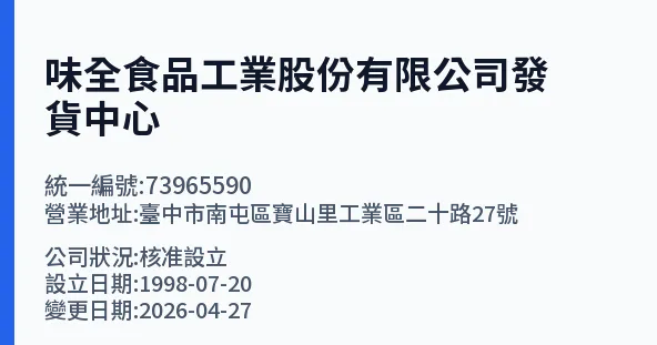 味全食品工業股份有限公司發貨中心的照片-統編 73965590(臺中市) 公司登記資料與營業項目詳細圖表