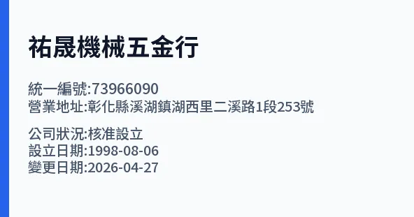 祐晟機械五金行的照片-統編 73966090(彰化縣) 公司登記資料與營業項目詳細圖表