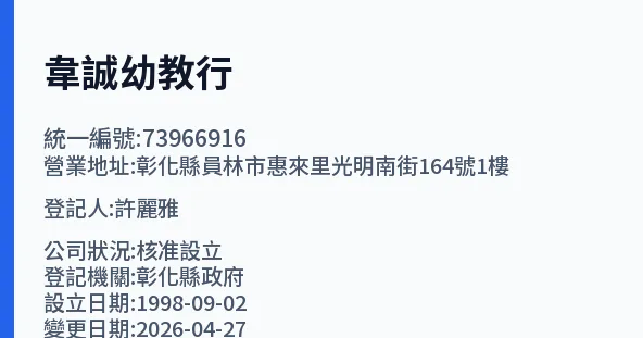 韋誠幼教行的照片-統編 73966916(彰化縣) 公司登記資料與營業項目詳細圖表