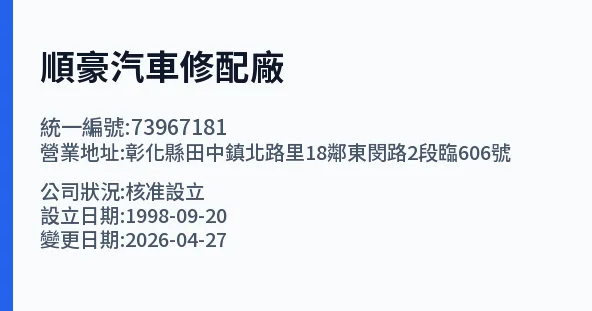 順豪汽車修配廠的照片-統編 73967181(彰化縣) 公司登記資料與營業項目詳細圖表