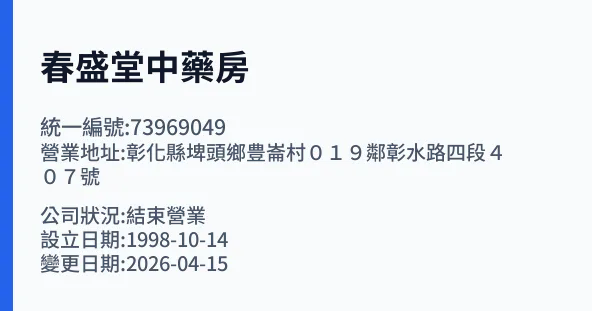 春盛堂中藥房的照片-統編 73969049(彰化縣) 公司登記資料與營業項目詳細圖表