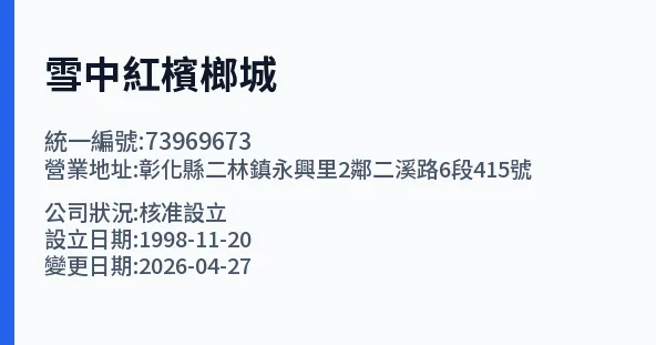 雪中紅檳榔城的照片-統編 73969673(彰化縣) 公司登記資料與營業項目詳細圖表