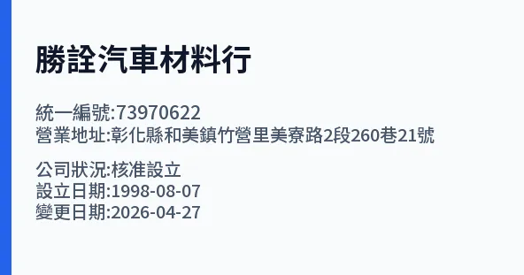 勝詮汽車材料行的照片-統編 73970622(彰化縣) 公司登記資料與營業項目詳細圖表