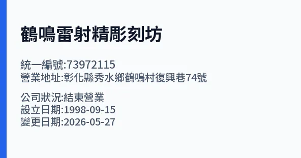 鶴鳴雷射精彫刻坊的照片-統編 73972115(彰化縣) 公司登記資料與營業項目詳細圖表