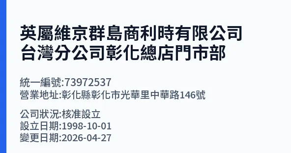 英屬維京群島商利時有限公司台灣分公司彰化總店門市部的照片-統編 73972537(彰化縣) 公司登記資料與營業項目詳細圖表
