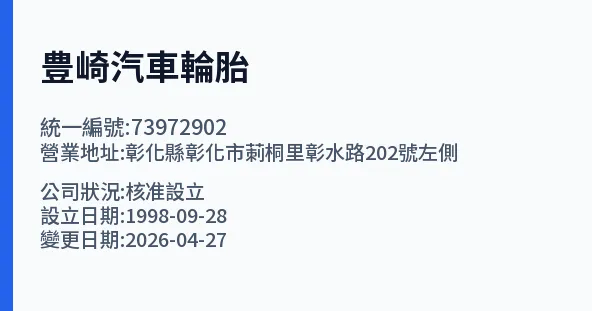 豊崎汽車輪胎的照片-統編 73972902(彰化縣) 公司登記資料與營業項目詳細圖表