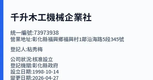 千升木工機械企業社的照片-統編 73973938(彰化縣) 公司登記資料與營業項目詳細圖表