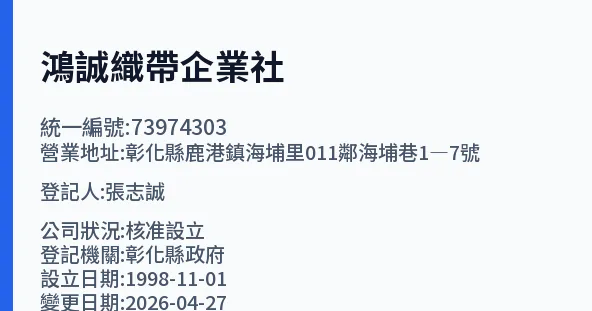 鴻誠織帶企業社的照片-統編 73974303(彰化縣) 公司登記資料與營業項目詳細圖表