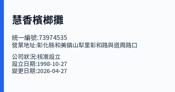 慧香檳榔攤的照片-統編 73974535(彰化縣) 公司登記資料與營業項目詳細圖表