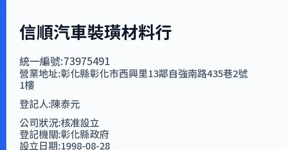 信順汽車裝璜材料行的照片-統編 73975491(彰化縣) 公司登記資料與營業項目詳細圖表