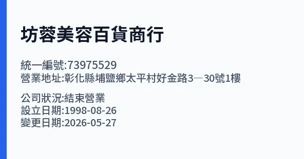 坊蓉美容百貨商行的照片-統編 73975529(彰化縣) 公司登記資料與營業項目詳細圖表