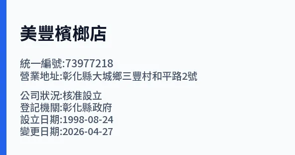 美豐檳榔店的照片-統編 73977218(彰化縣) 公司登記資料與營業項目詳細圖表