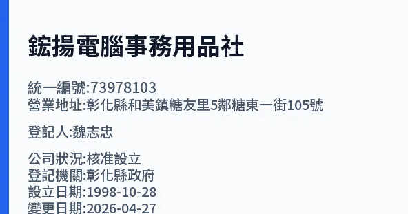 鋐揚電腦事務用品社的照片-統編 73978103(彰化縣) 公司登記資料與營業項目詳細圖表