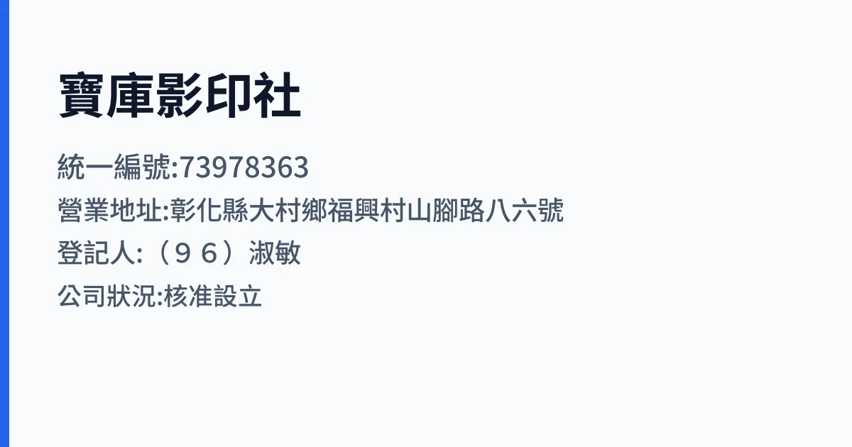 寶庫影印社 - 統編 73978363(彰化縣) 公司登記資料與營業項目詳細圖表