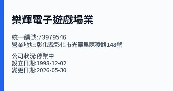 樂輝電子遊戲場業的照片-統編 73979546(彰化縣) 公司登記資料與營業項目詳細圖表