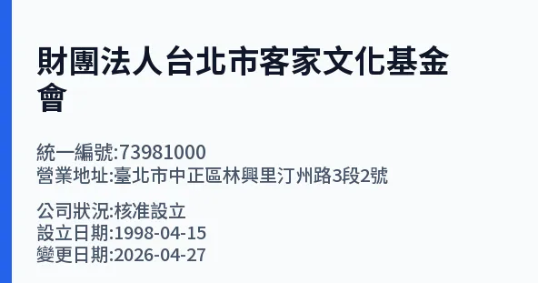 財團法人台北市客家文化基金會的照片-統編 73981000(臺北市) 公司登記資料與營業項目詳細圖表