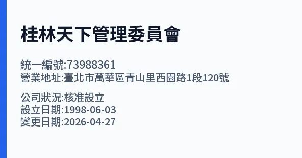 桂林天下管理委員會的照片-統編 73988361(臺北市) 公司登記資料與營業項目詳細圖表