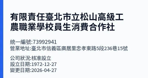 有限責任臺北市立松山高級工農職業學校員生消費合作社的照片-統編 73992941(臺北市) 公司登記資料與營業項目詳細圖表