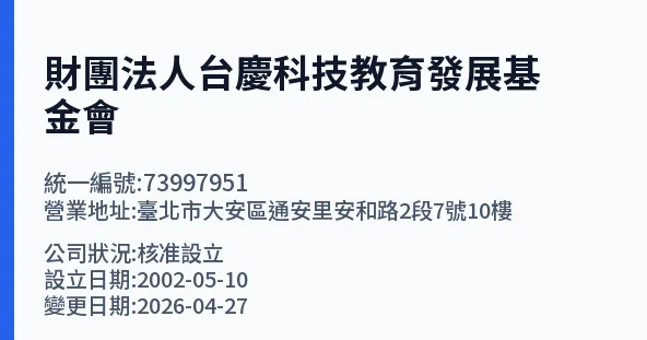 財團法人台慶科技教育發展基金會的照片-統編 73997951(臺北市) 公司登記資料與營業項目詳細圖表