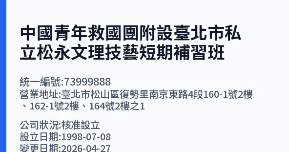 中國青年救國團附設臺北市私立松永文理技藝短期補習班的照片-統編 73999888(臺北市) 公司登記資料與營業項目詳細圖表