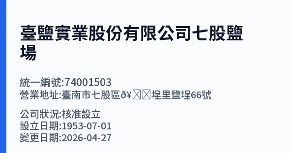 臺鹽實業股份有限公司七股鹽場的照片-統編 74001503(臺南市) 公司登記資料與營業項目詳細圖表