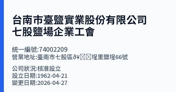 台南市臺鹽實業股份有限公司七股鹽場企業工會的照片-統編 74002209(臺南市) 公司登記資料與營業項目詳細圖表