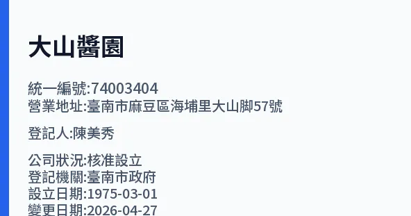 大山醬園的照片-統編 74003404(臺南市) 公司登記資料與營業項目詳細圖表