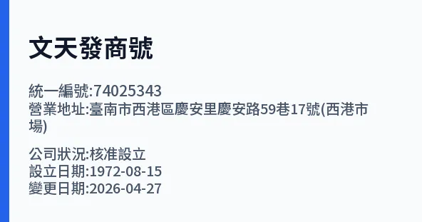 文天發商號的照片-統編 74025343(臺南市) 公司登記資料與營業項目詳細圖表