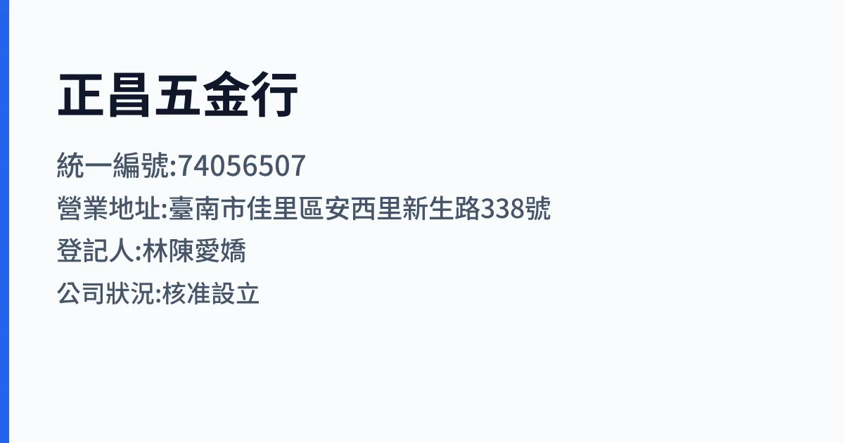 正昌五金行 - 統編 74056507(臺南市) 公司登記資料與營業項目詳細圖表
