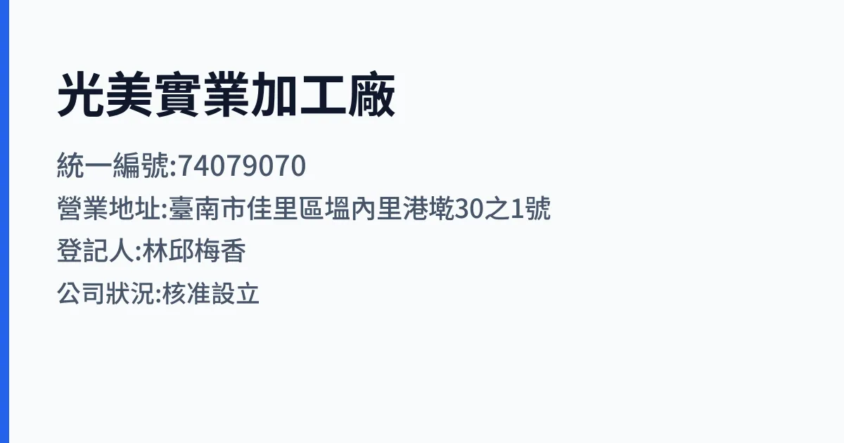 光美實業加工廠 - 統編 74079070(臺南市) 公司登記資料與營業項目詳細圖表