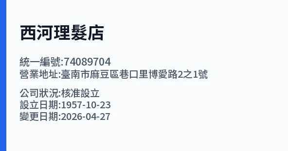 西河理髮店的照片-統編 74089704(臺南市) 公司登記資料與營業項目詳細圖表