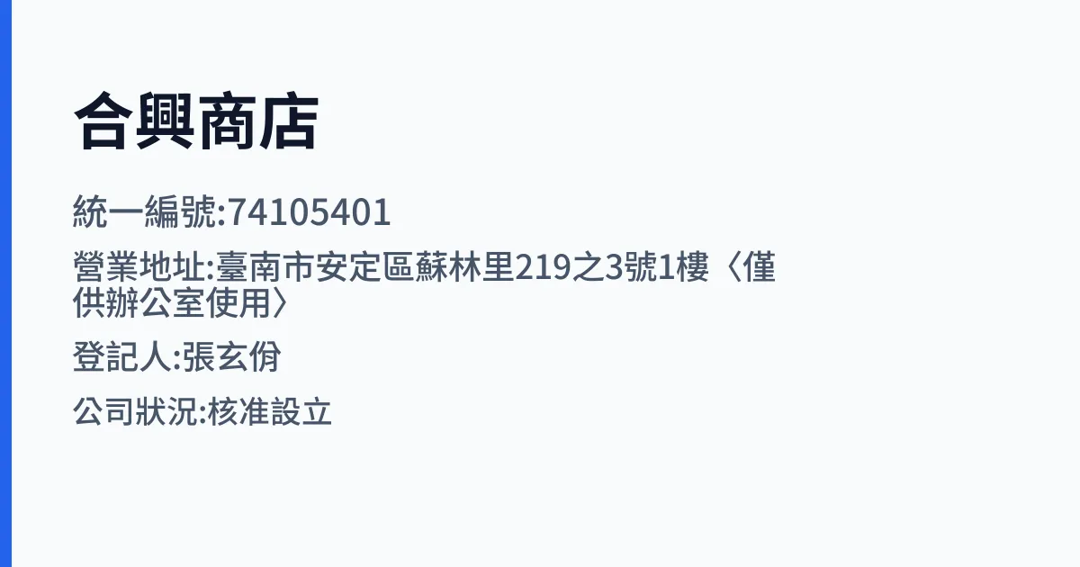 合興商店 - 統編 74105401(臺南市) 公司登記資料與營業項目詳細圖表