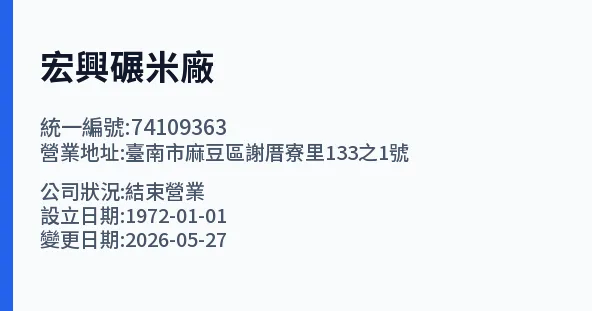 宏興碾米廠的照片-統編 74109363(臺南市) 公司登記資料與營業項目詳細圖表