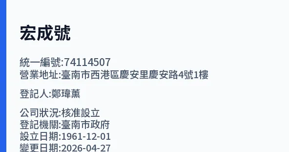 宏成號的照片-統編 74114507(臺南市) 公司登記資料與營業項目詳細圖表