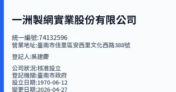 一洲製網實業股份有限公司的照片-統編 74132596(臺南市) 公司登記資料與營業項目詳細圖表