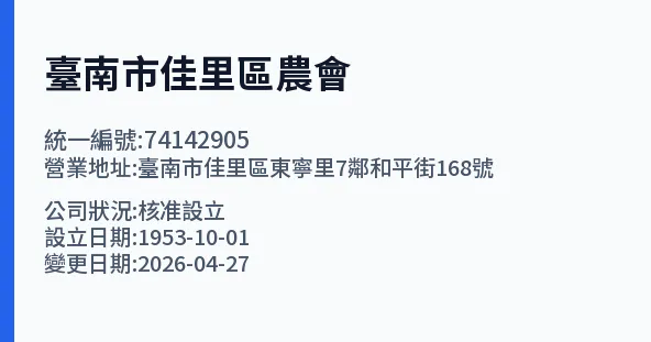 臺南市佳里區農會的照片-統編 74142905(臺南市) 公司登記資料與營業項目詳細圖表