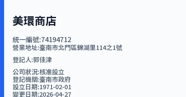 美環商店的照片-統編 74194712(臺南市) 公司登記資料與營業項目詳細圖表
