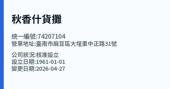 秋香什貨攤的照片-統編 74207104(臺南市) 公司登記資料與營業項目詳細圖表