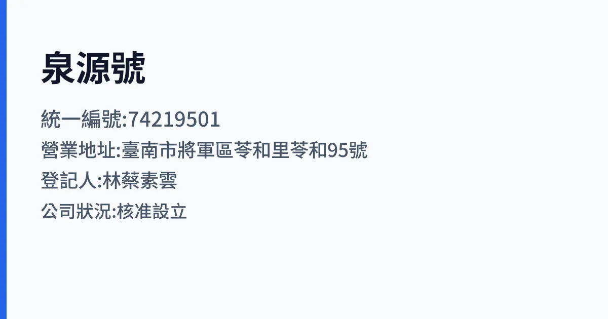 泉源號 - 統編 74219501(臺南市) 公司登記資料與營業項目詳細圖表