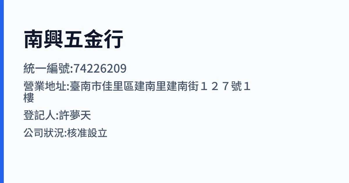 南興五金行 - 統編 74226209(臺南市) 公司登記資料與營業項目詳細圖表