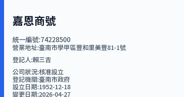 嘉恩商號的照片-統編 74228500(臺南市) 公司登記資料與營業項目詳細圖表
