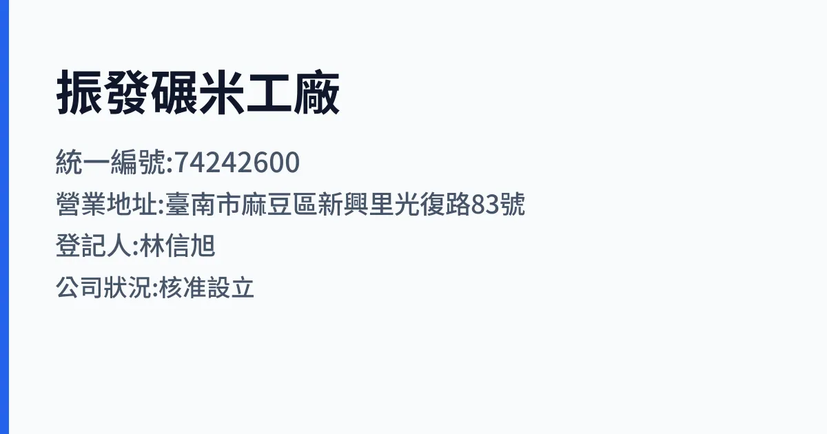 振發碾米工廠 - 統編 74242600(臺南市) 公司登記資料與營業項目詳細圖表