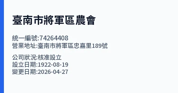 臺南市將軍區農會的照片-統編 74264408(臺南市) 公司登記資料與營業項目詳細圖表