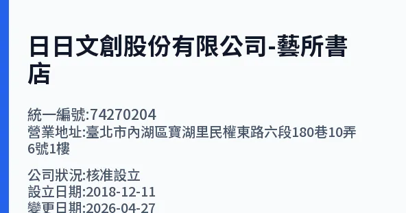 日日文創股份有限公司-藝所書店的照片-統編 74270204(臺北市) 公司登記資料與營業項目詳細圖表