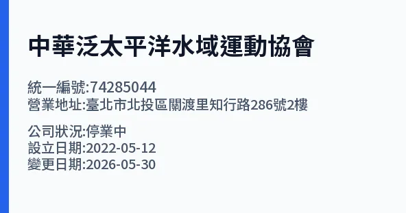 中華泛太平洋水域運動協會的照片-統編 74285044(臺北市) 公司登記資料與營業項目詳細圖表