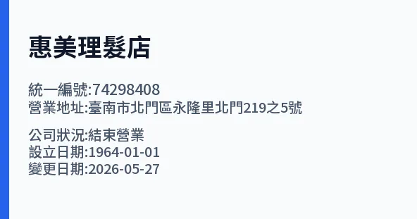 惠美理髮店的照片-統編 74298408(臺南市) 公司登記資料與營業項目詳細圖表