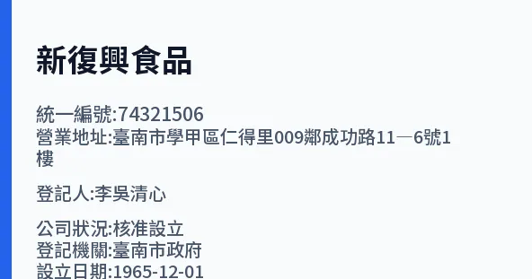 新復興食品的照片-統編 74321506(臺南市) 公司登記資料與營業項目詳細圖表