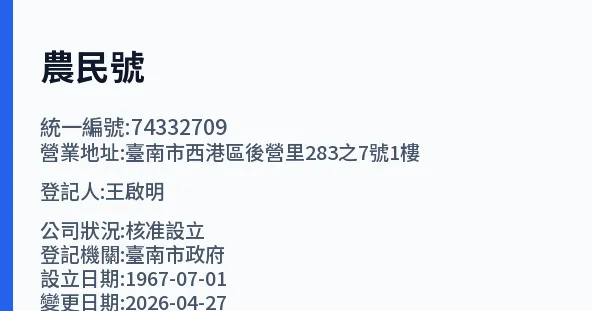 農民號的照片-統編 74332709(臺南市) 公司登記資料與營業項目詳細圖表