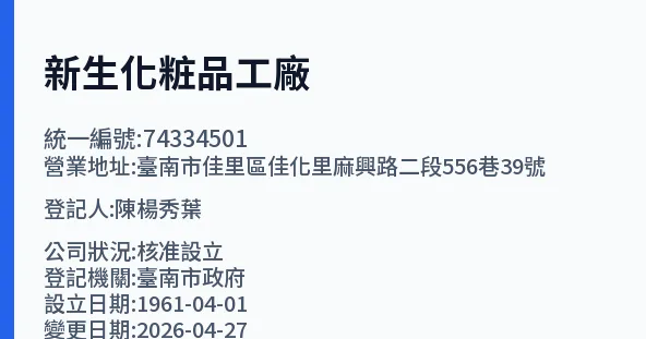 新生化粧品工廠的照片-統編 74334501(臺南市) 公司登記資料與營業項目詳細圖表